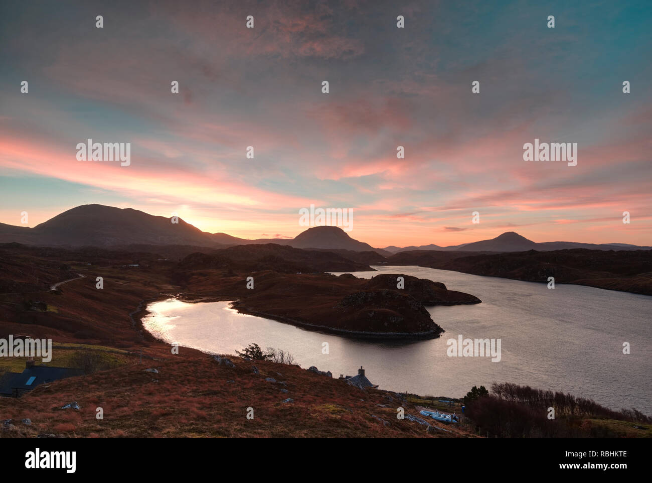 Sunrise over Sutherland mountains from Loch Inchard Stock Photo - Alamy