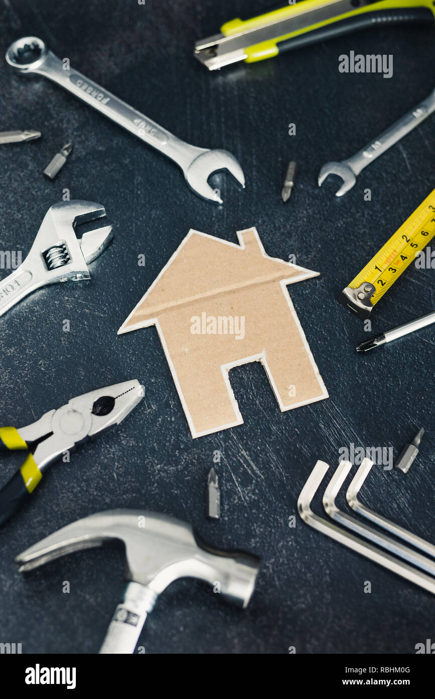 do it yourself and home renovation concept: set of DIY tools and little ...