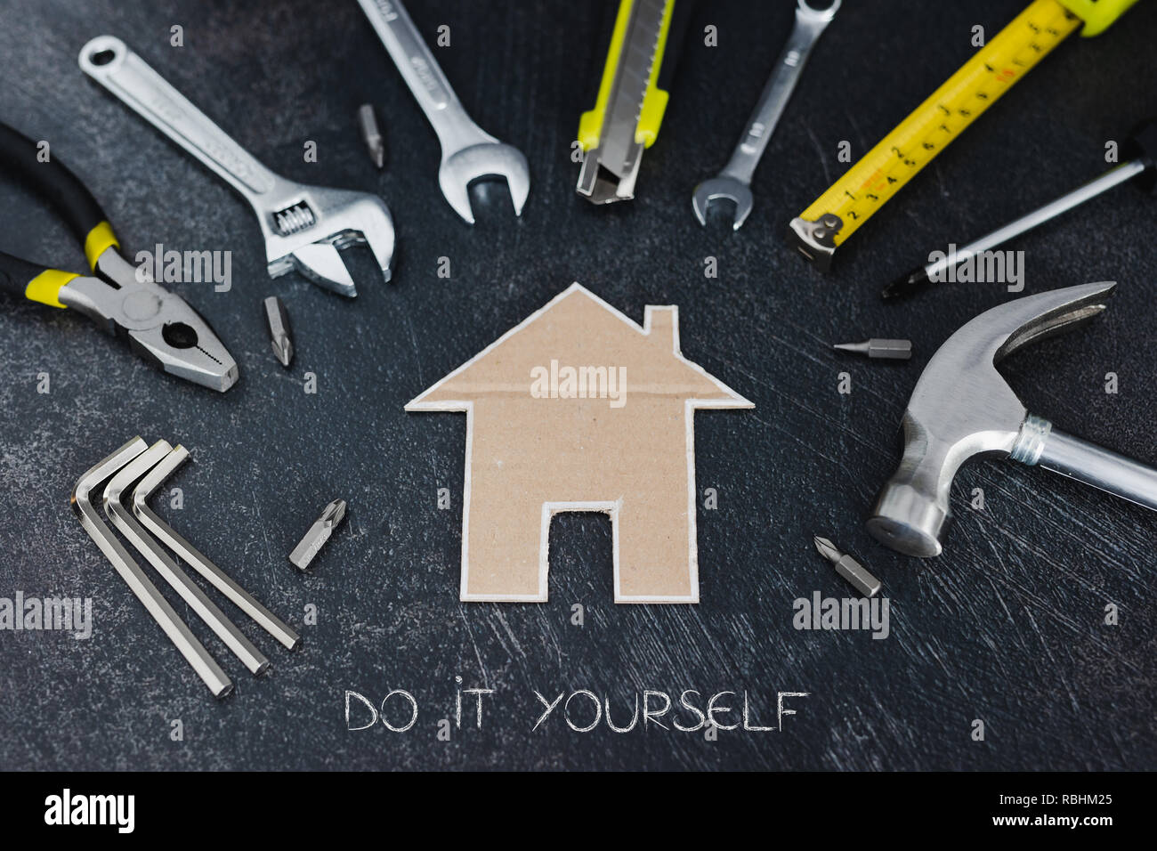 do it yourself and home renovation concept: set of DIY tools and little ...