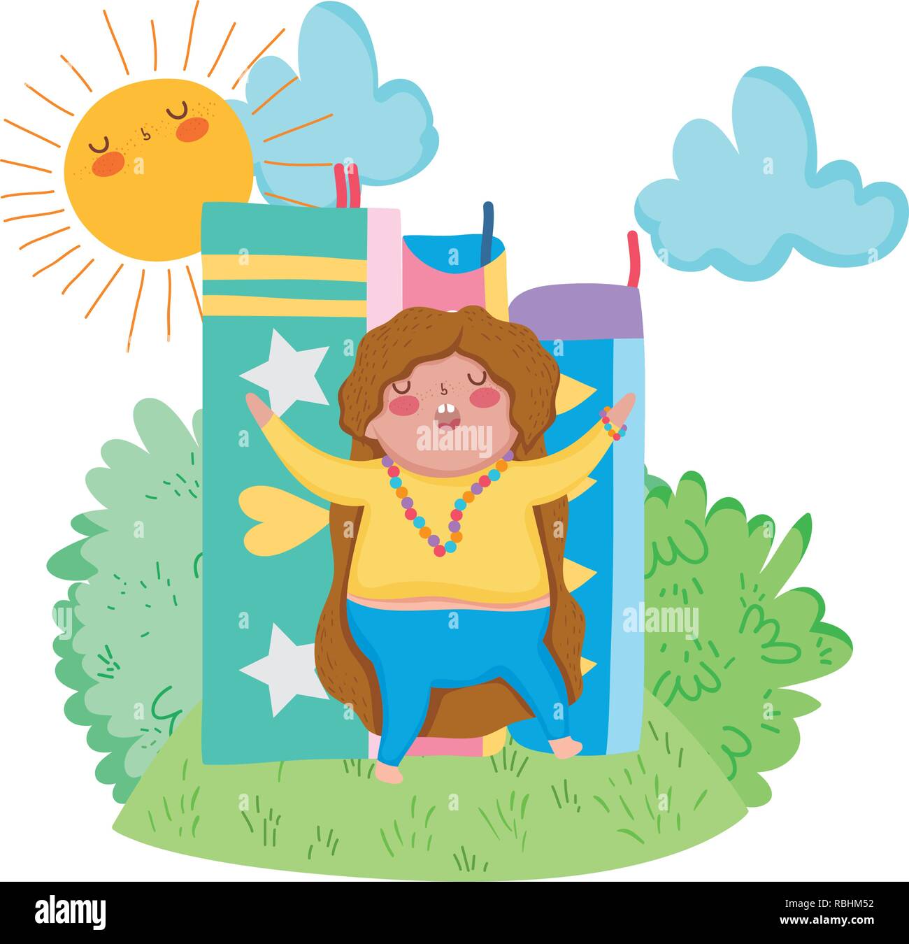 Little chubby girl with pile books in the landscape Stock Vector Image ...