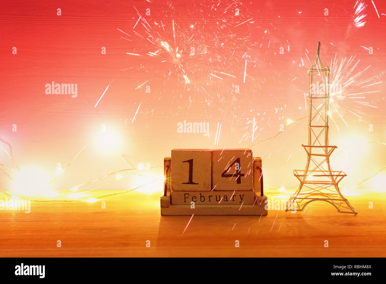 Valentine's day background. Eiffel tower and vintage wooden calendar ...