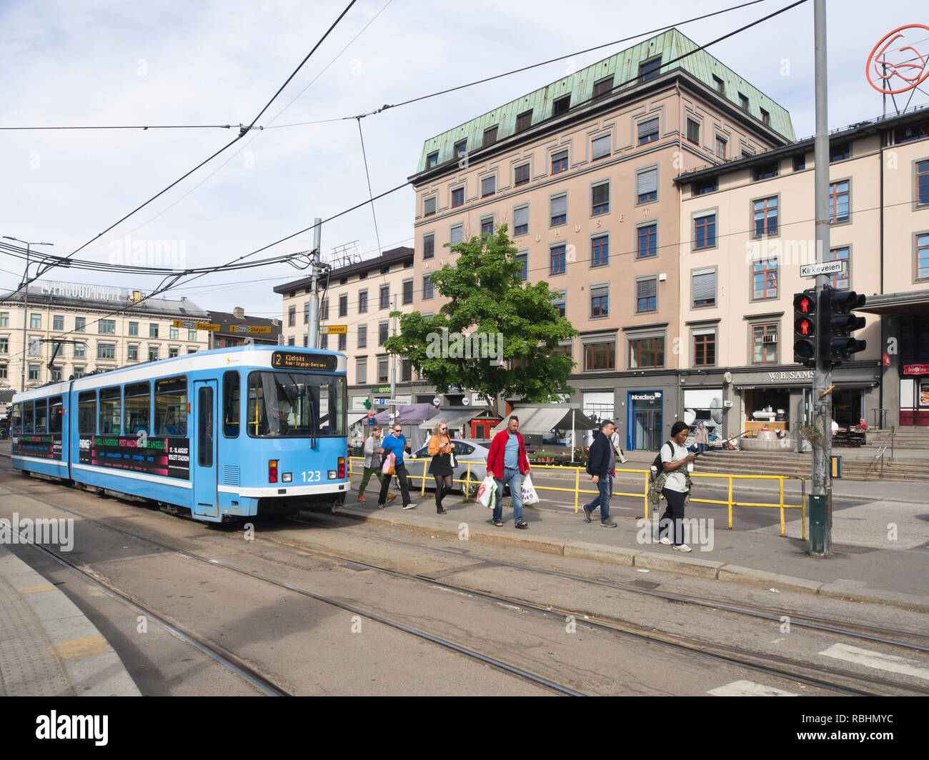 Majorstua square in the western part of downtown Oslo Norway, busy tram ...