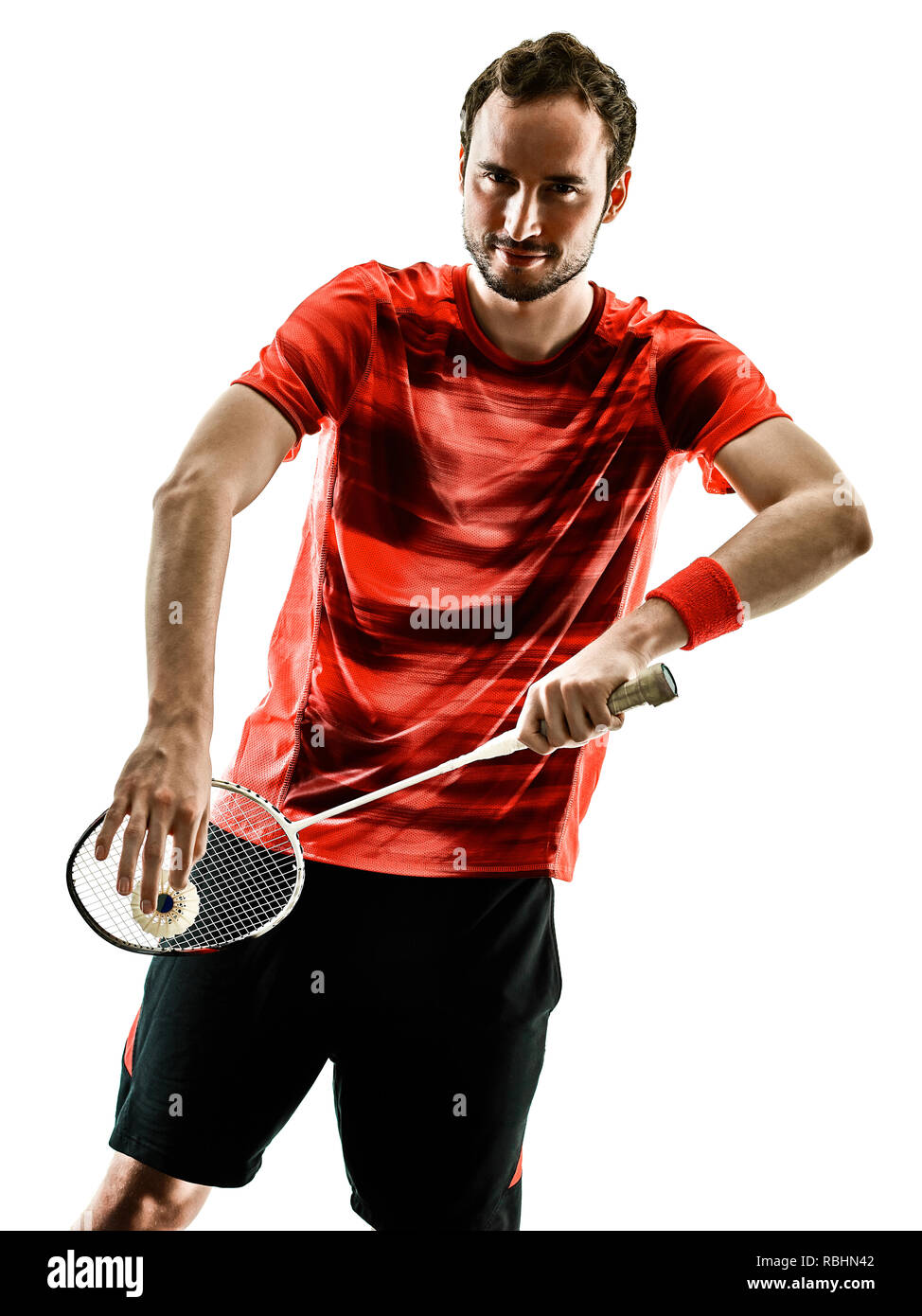 one caucasian Badminton player man in studio shadow silhouette isolated ...