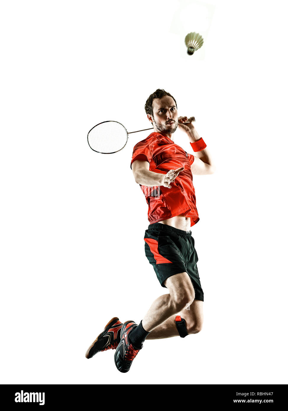 one caucasian Badminton player man in studio shadow silhouette isolated ...