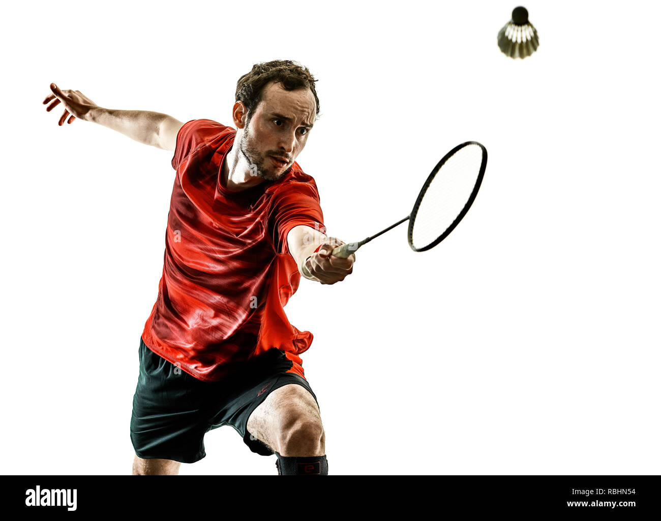 one caucasian Badminton player man in studio shadow silhouette isolated ...