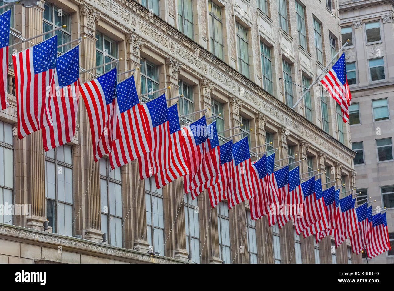 American Flags floating one of the main Manhattan Landmarks in New York ...