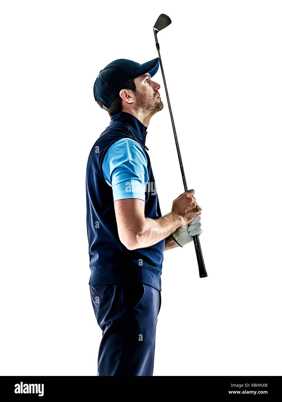 one caucasian man golfer golfing in studio isolated on white background ...