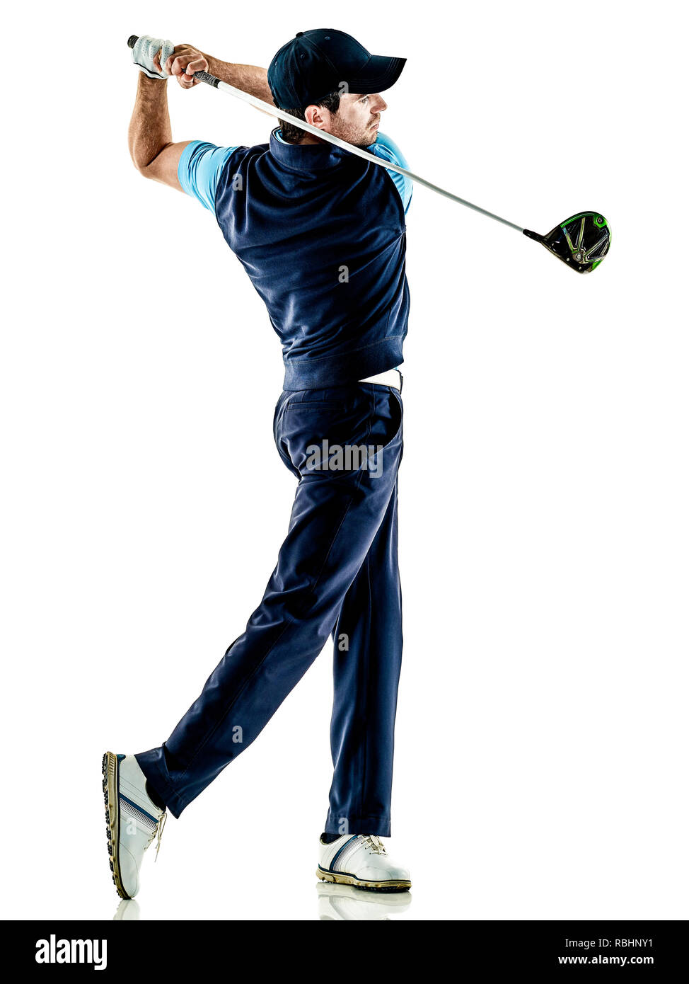 one caucasian man golfer golfing in studio isolated on white background ...