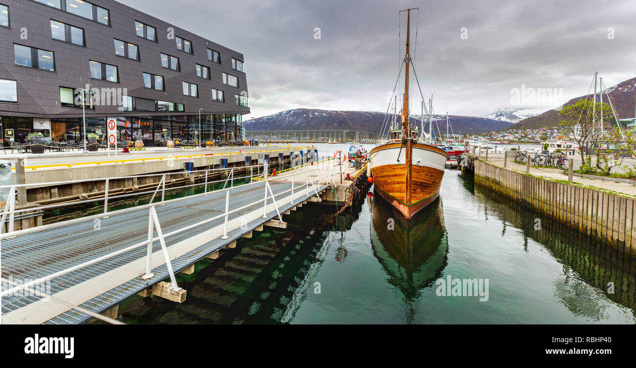TROMSO, NORWAY - CIRCA MAY, 2018: The seascape and the Port of Tromso ...