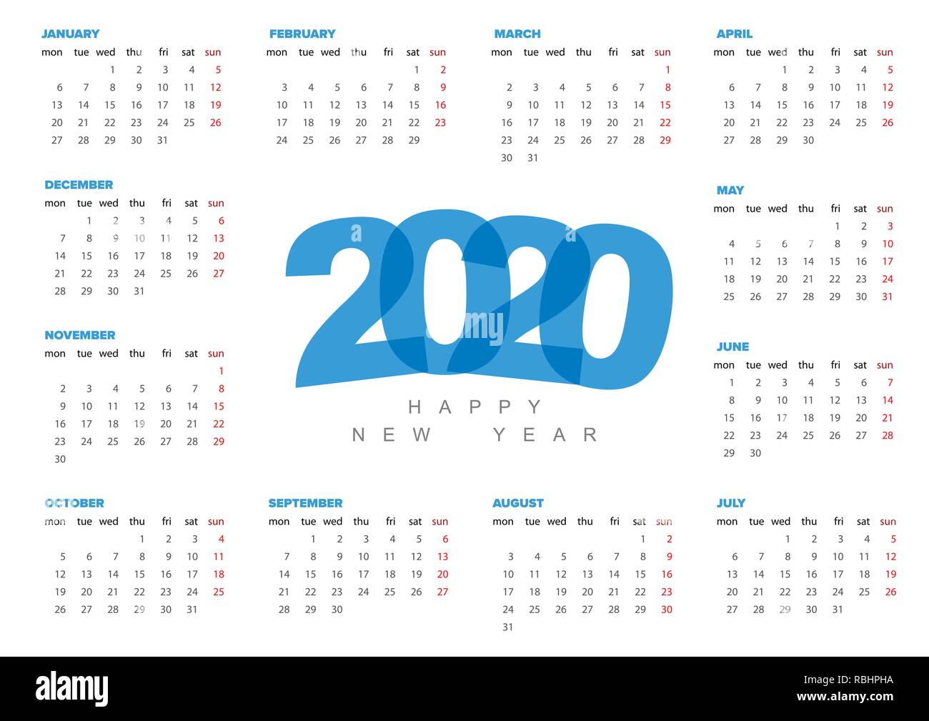 Vector calendar template for the year 2020 Stock Vector Image & Art - Alamy