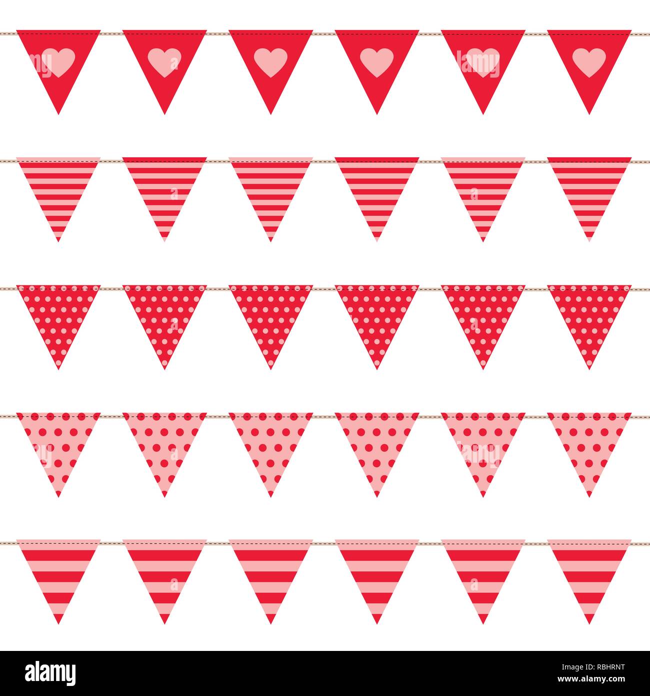 set of red party flags with heart pattern on white background vector ...