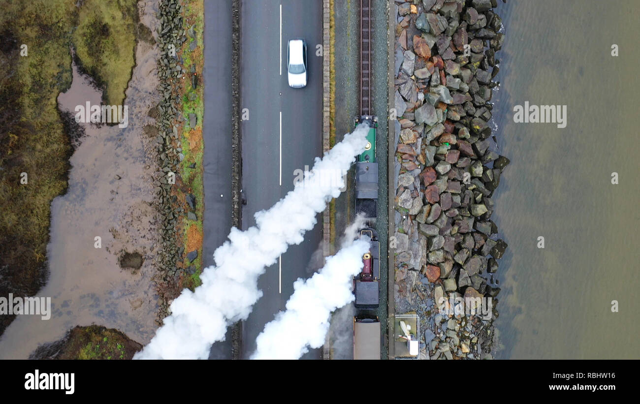 Aerial view of a vintage steam engine train with puffing smoke Stock ...
