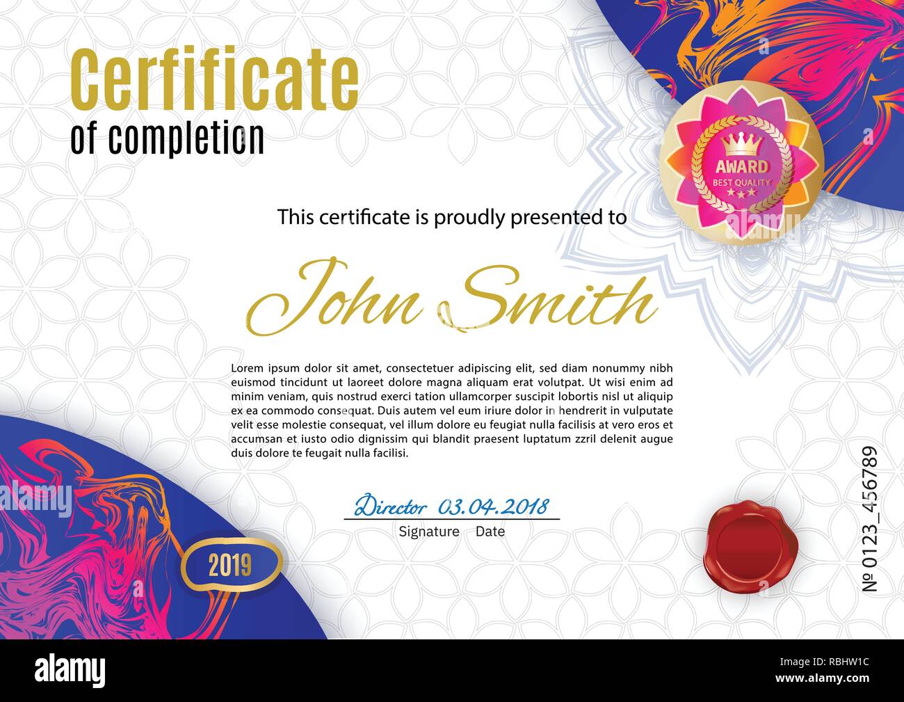 Official white blue pink certificate with gold pink emblem. Business ...