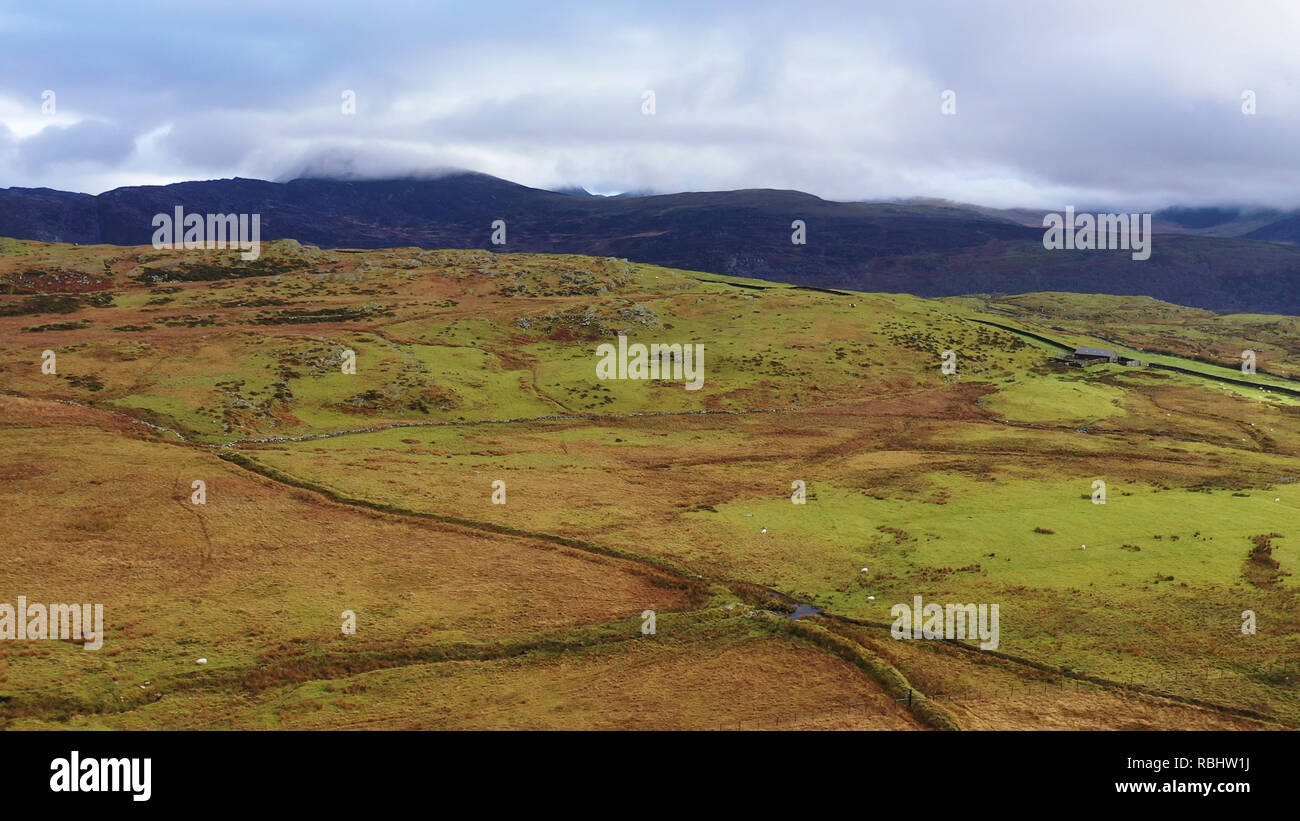 Overhead aerial view of countryside and mountains in North Wales Stock ...