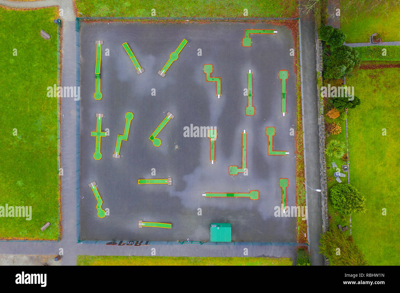 Aerial view over a mini golf adventure obstacle course Stock Photo - Alamy