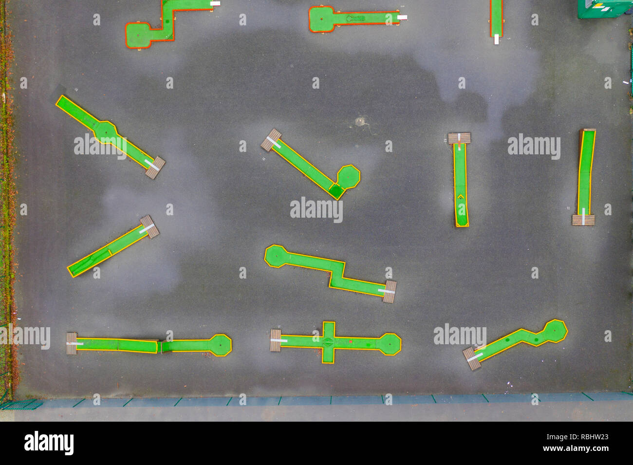 Aerial view over a mini golf adventure obstacle course Stock Photo - Alamy