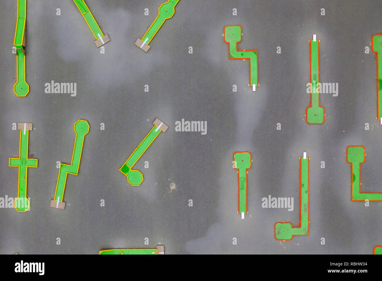 Aerial view over a mini golf adventure obstacle course Stock Photo - Alamy