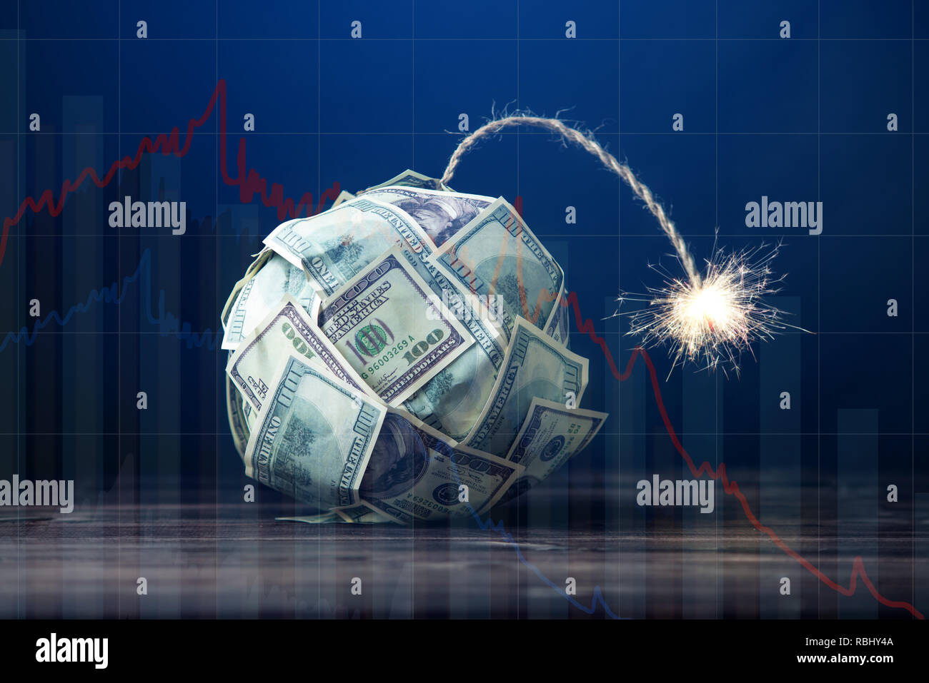 Big bomb of money hundred dollar bills with a burning wick. Little time ...