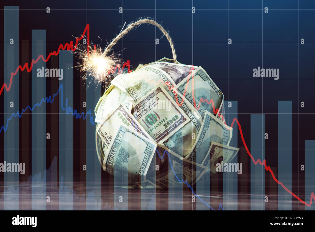 Big bomb of money hundred dollar bills with a burning wick. Little time ...