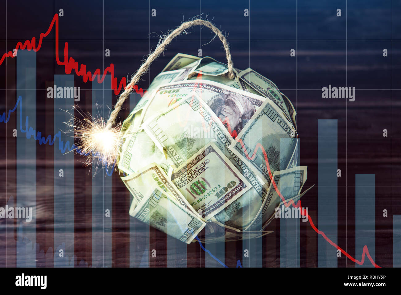 Big bomb of money hundred dollar bills with a burning wick. Little time ...