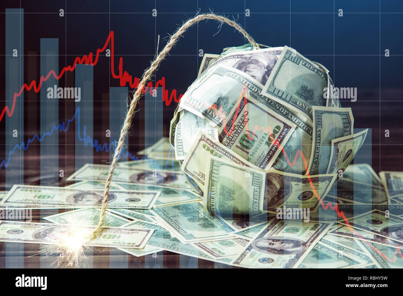 Big bomb of money hundred dollar bills with a burning wick. Little time ...