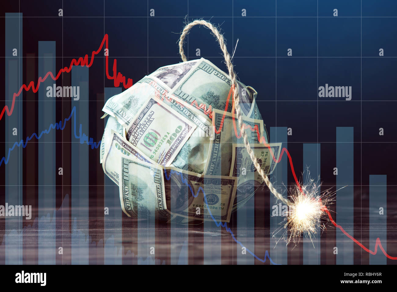 Big bomb of money hundred dollar bills with a burning wick. Little time ...