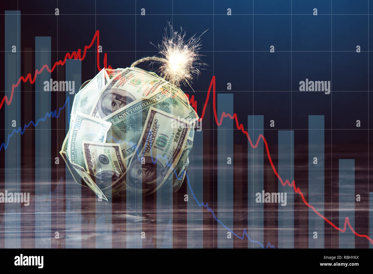 Big bomb of money hundred dollar bills with a burning wick. Little time ...