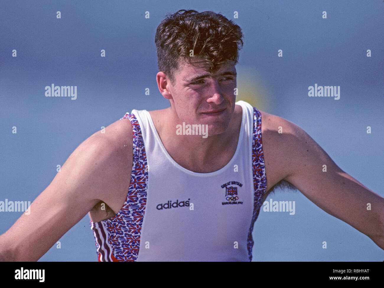 Barcelona, SPAIN. Gold Medalist, GBR M2+, Greg SEARLE,awards dock. 1992 ...