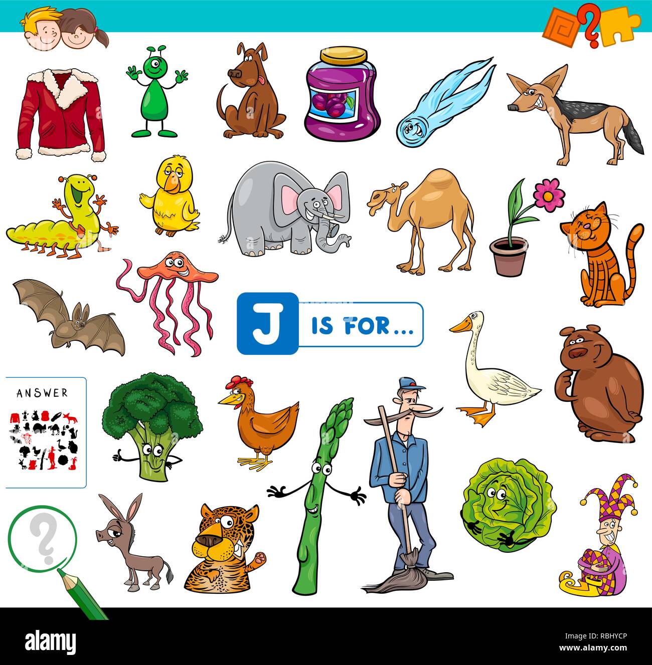 Cartoon Illustration of Finding Picture Starting with Letter J ...