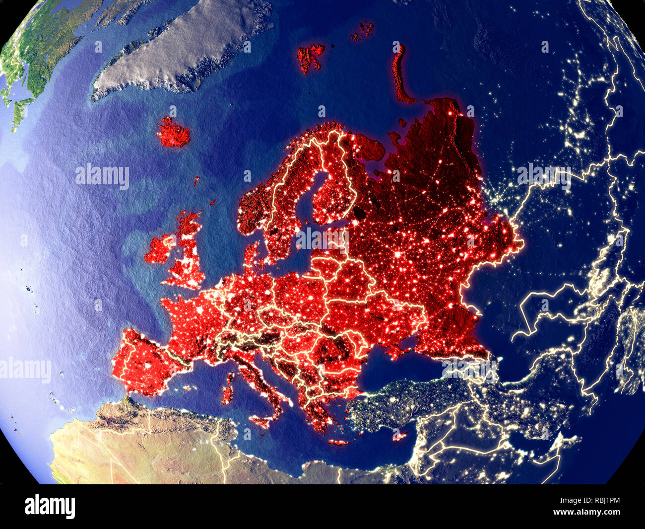 Europe from space on Earth at night. Very fine detail of the plastic ...
