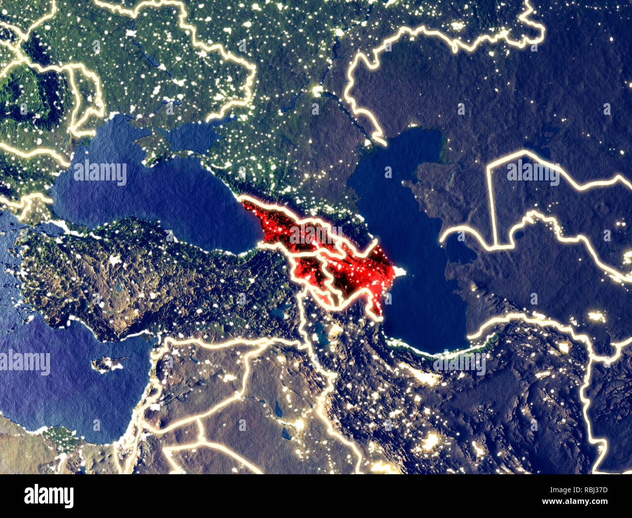 Caucasus region from space on Earth at night. Very fine detail of the ...