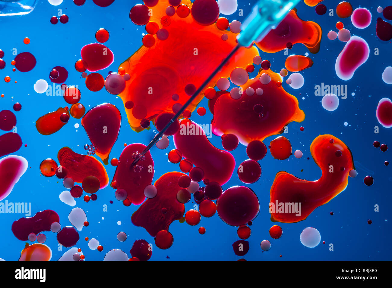 Red bubbles of blood cells on a blue background closeup. Abstraction of ...