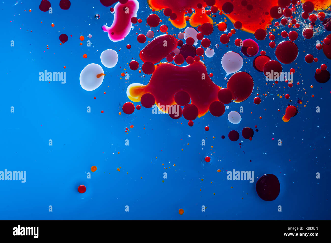 Red bubbles of blood cells on a blue background closeup. Abstraction of ...