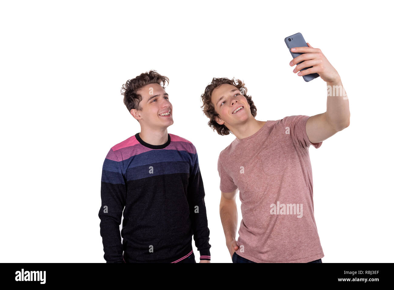 Two friends man take selfie isolated on white background Stock Photo ...