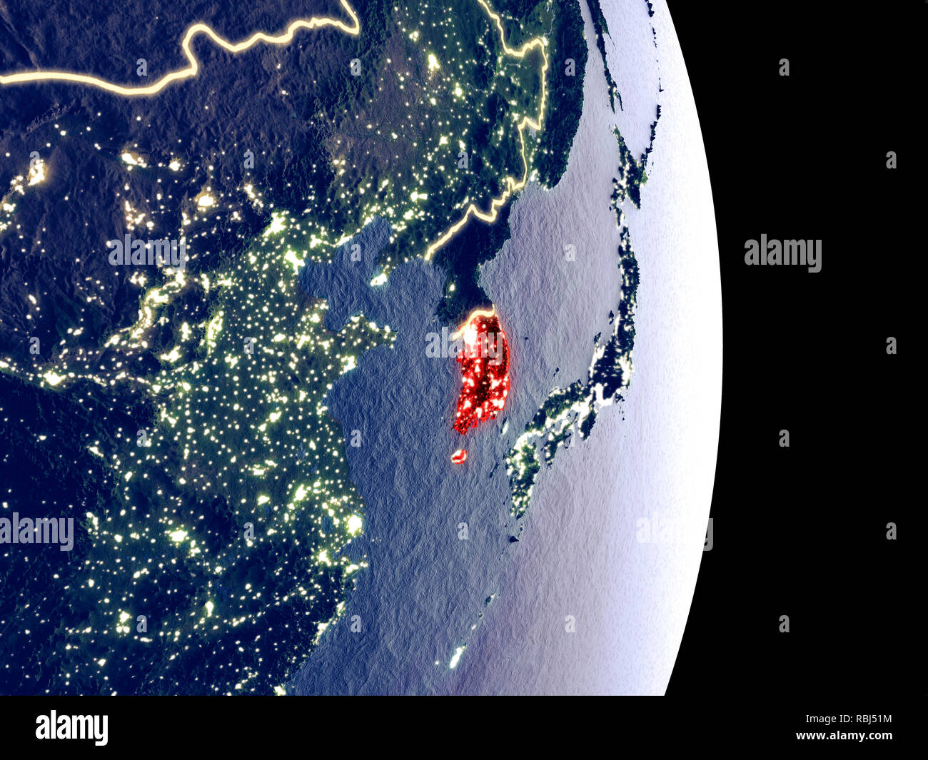 Satellite view of South Korea at night with visible bright city lights ...