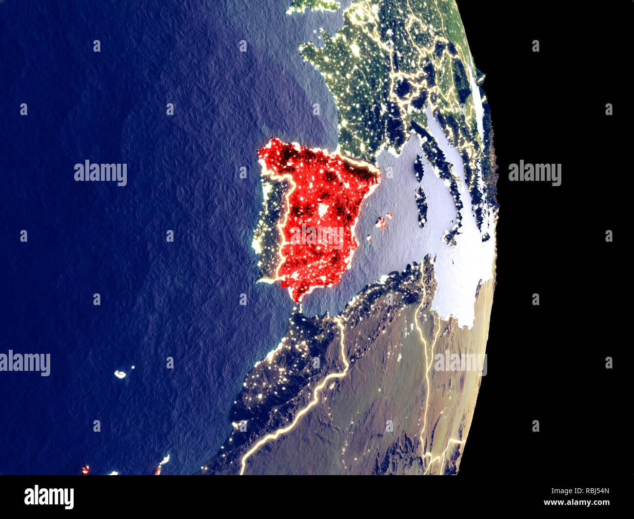 Satellite view of Spain at night with visible bright city lights ...