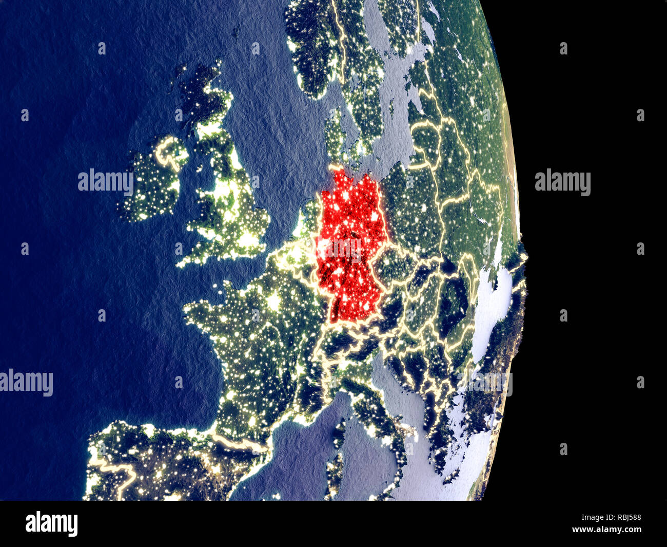Satellite view of Germany at night with visible bright city lights ...