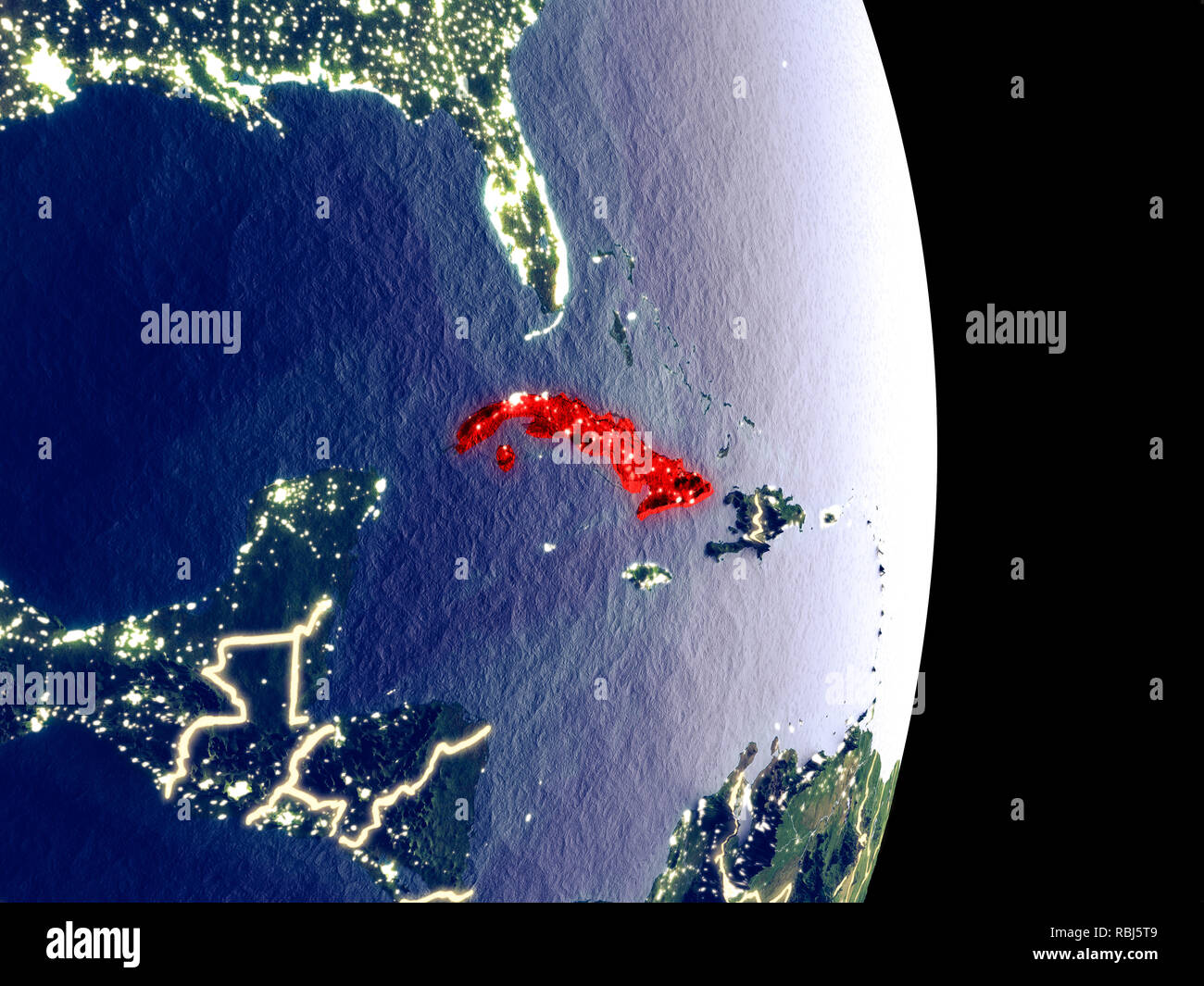 Satellite view of Cuba at night with visible bright city lights ...