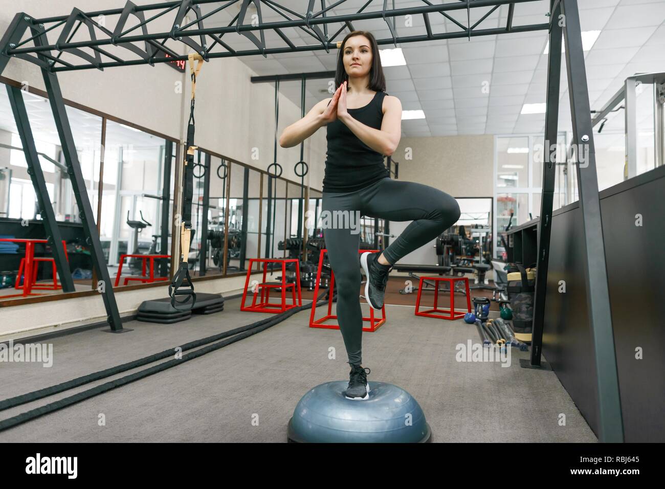 Young athletic woman exercising on the machines in modern sport gym ...