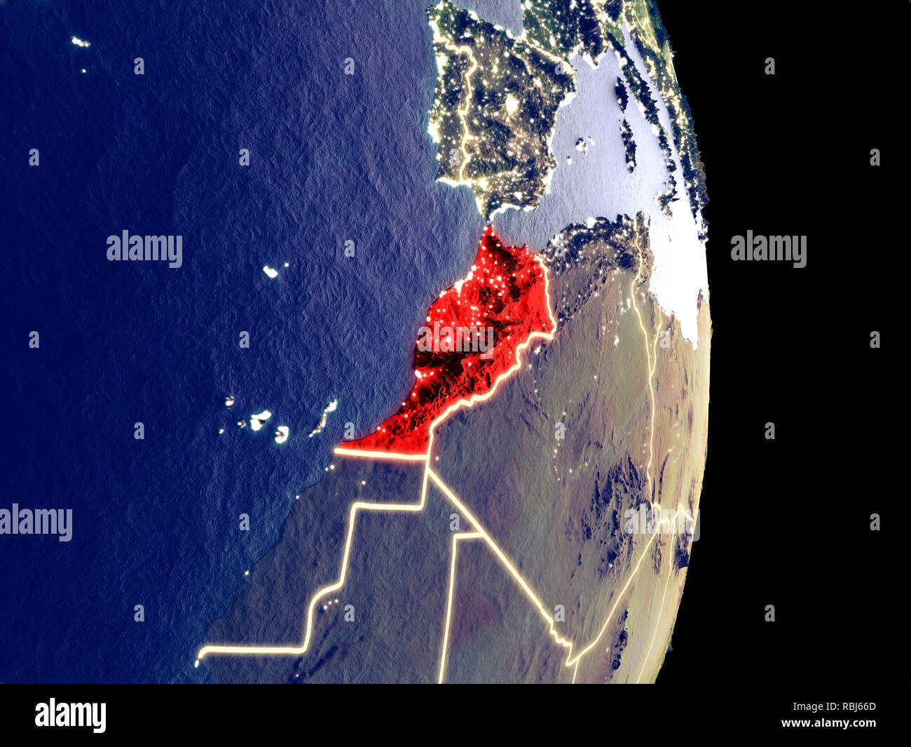 Satellite view of Morocco at night with visible bright city lights ...