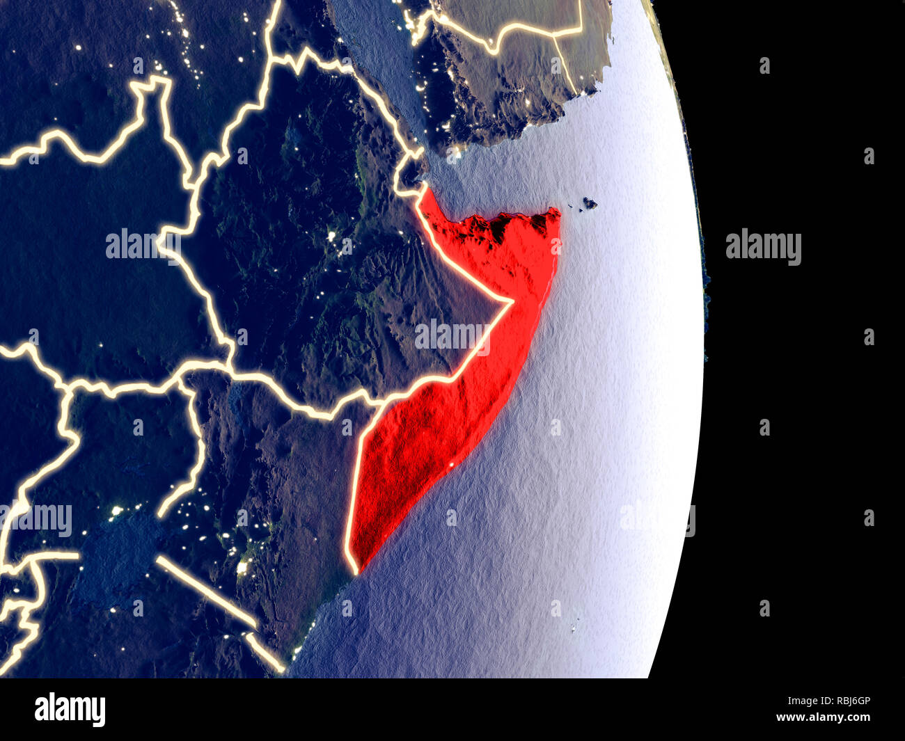 Satellite view of Somalia at night with visible bright city lights ...