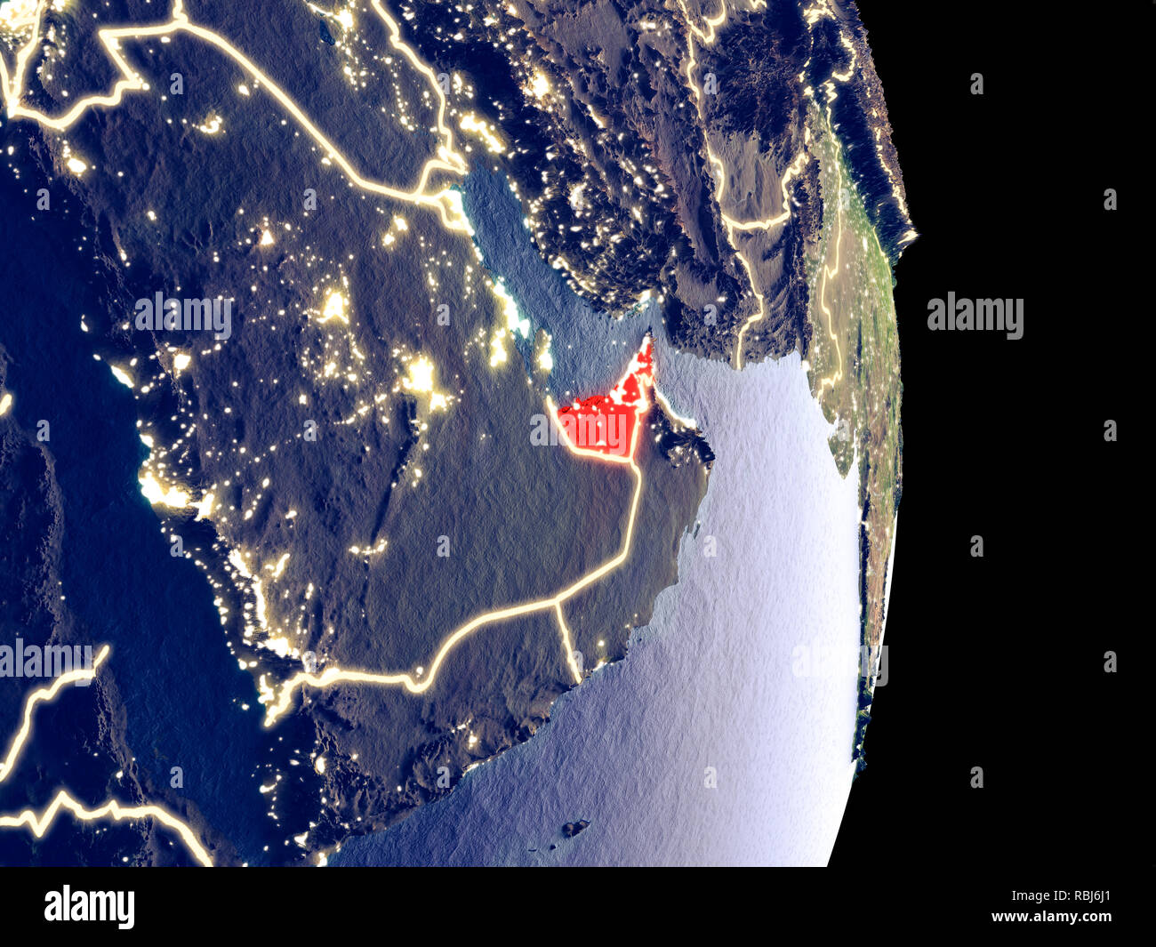 Satellite view of United Arab Emirates at night with visible bright ...