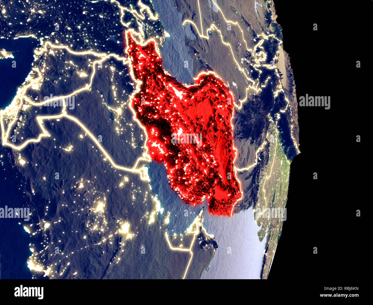 Satellite view of Iran at night with visible bright city lights ...