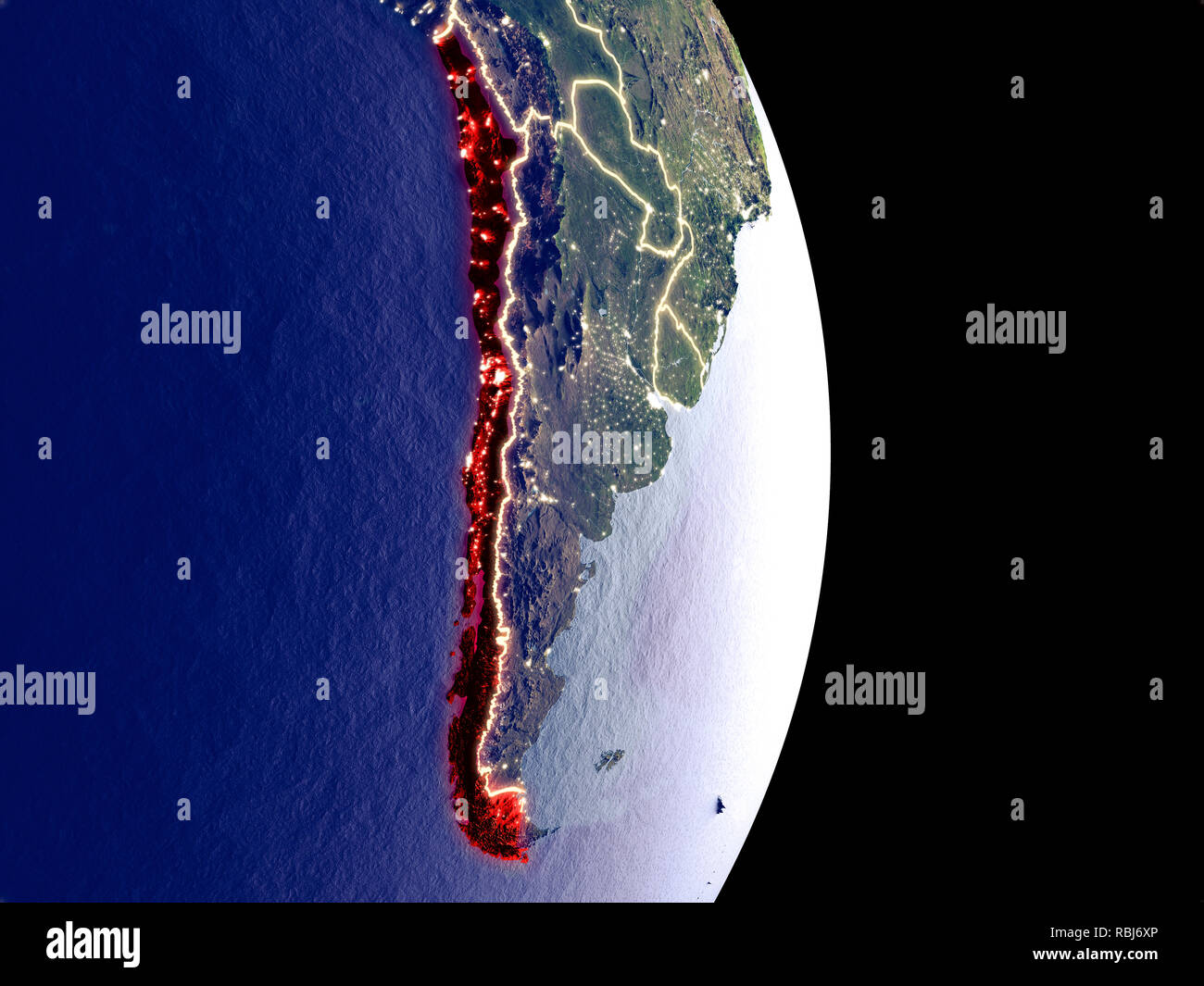 Satellite view of Chile at night with visible bright city lights ...