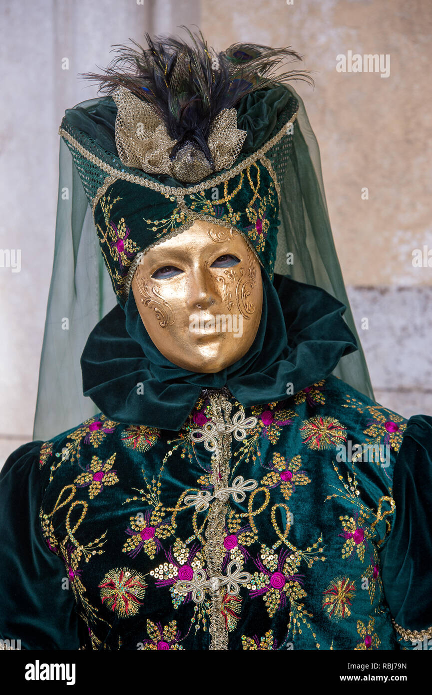 Reveller In Traditional Elaborate Mask And Costume At Venice Carnival (Carnevale di Venezia ...