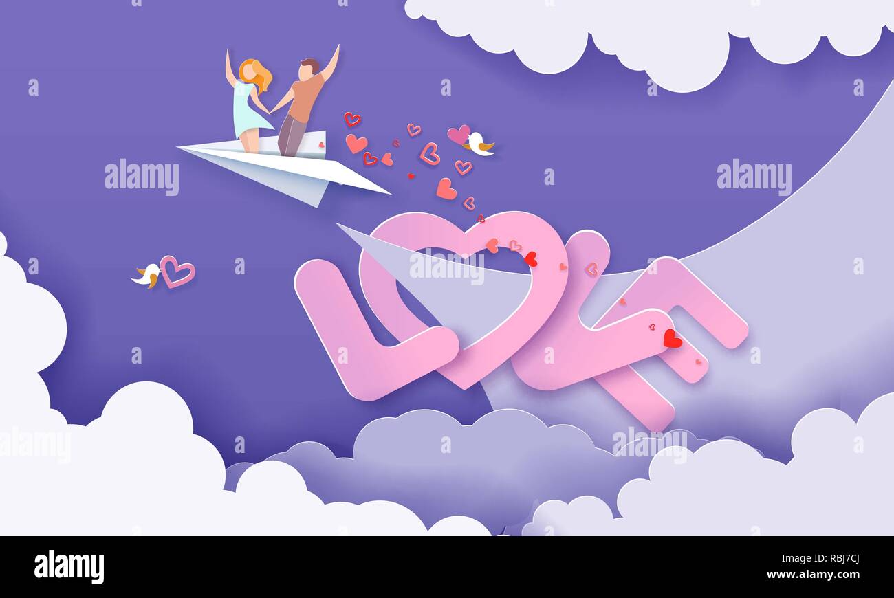 Valentines day card. Couple flying on paper airplane over big letters ...