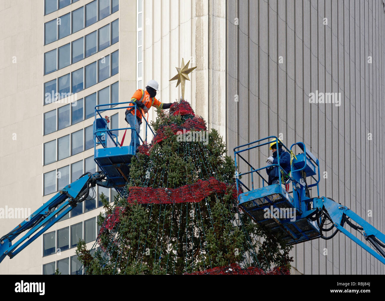 Workers putting the star on the Christmas tree in Nathan Phillips ...
