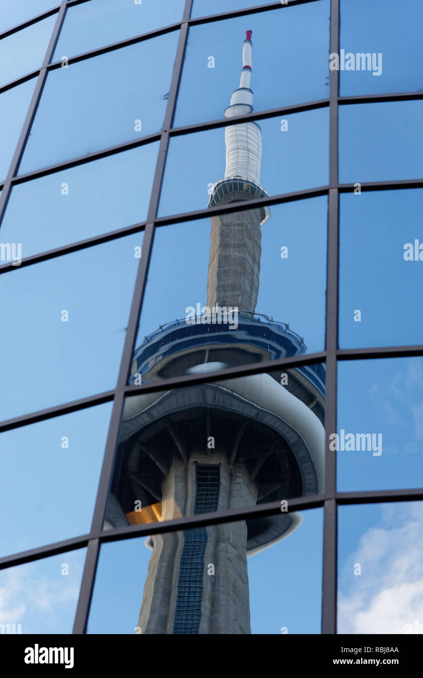 The CN Tower reflected in the windows of the Canadian Broadcasting ...