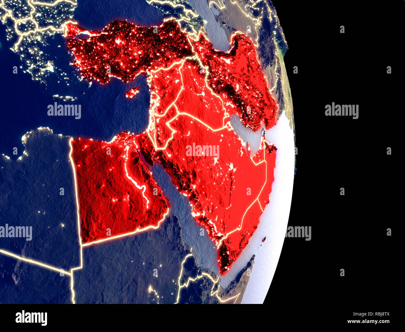 Satellite view of Middle East at night with visible bright city lights ...