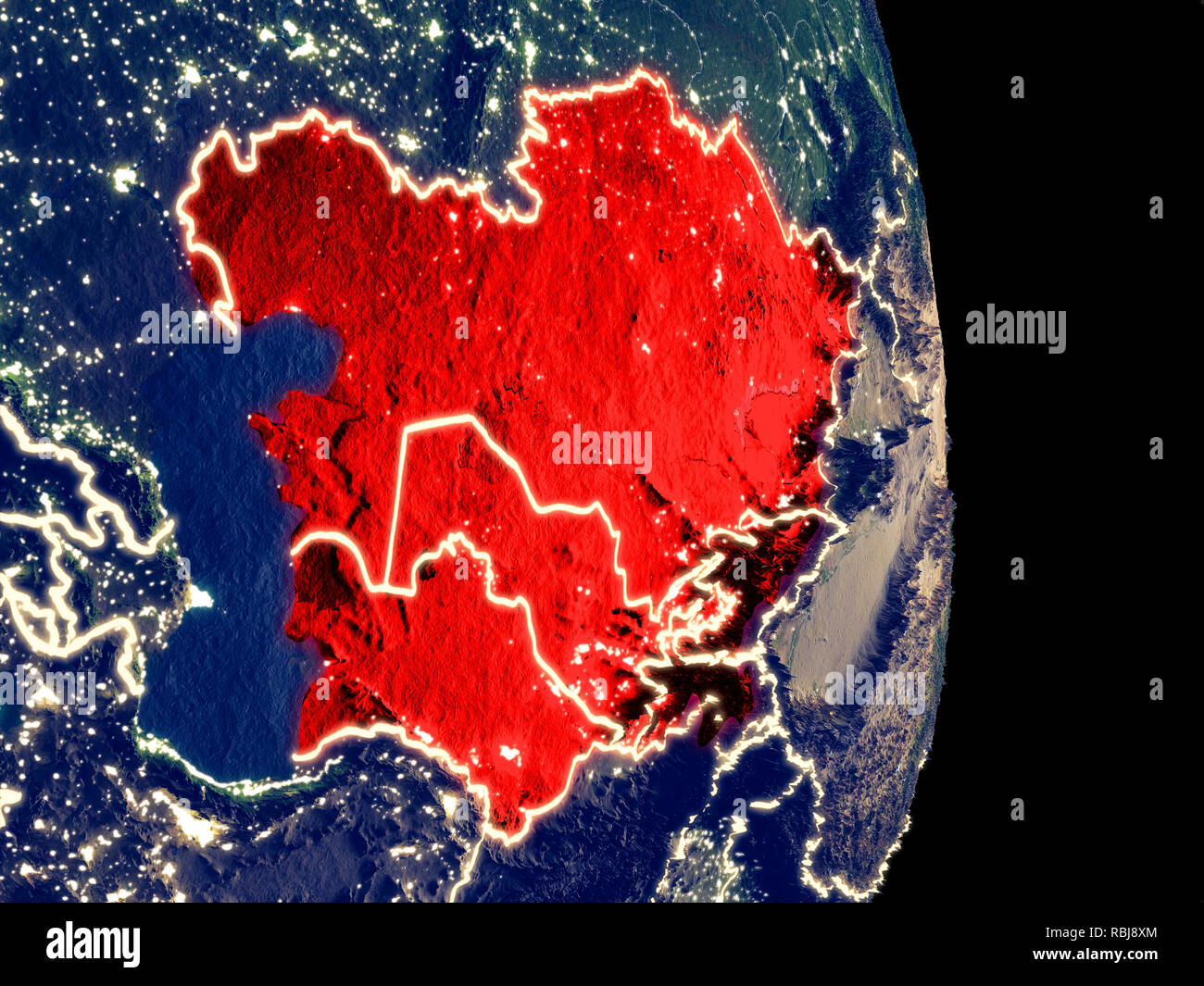 Satellite view of Central Asia at night with visible bright city lights ...